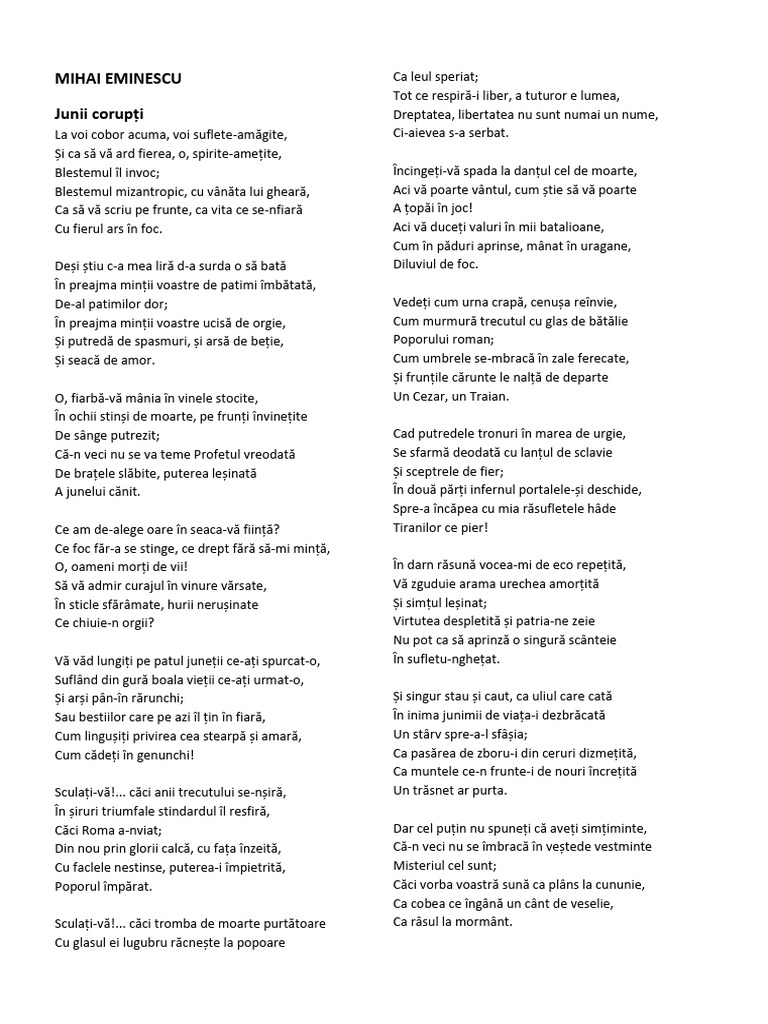 MIHAI EMINESCU - Junii Corupti | PDF
