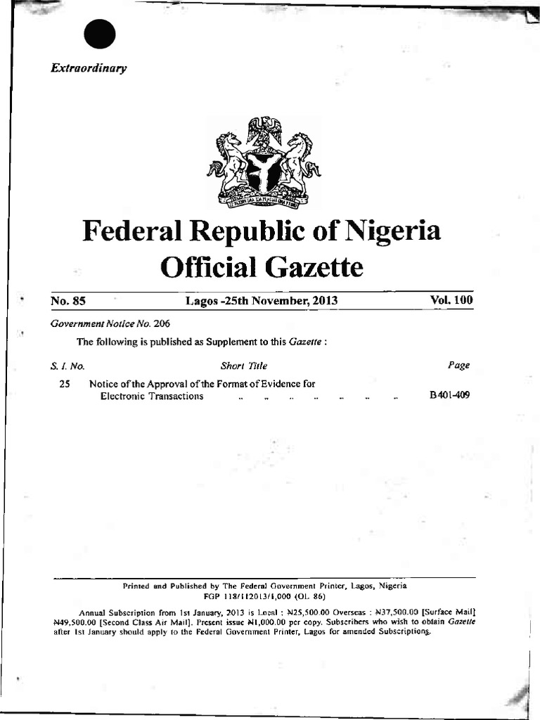 FRN Official Gazette On Format of Evidence For Electronic Transactions ...