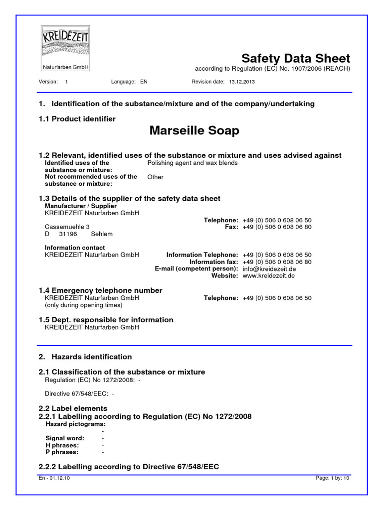 MSDS - Marseille Soap - Kreidezeit | PDF