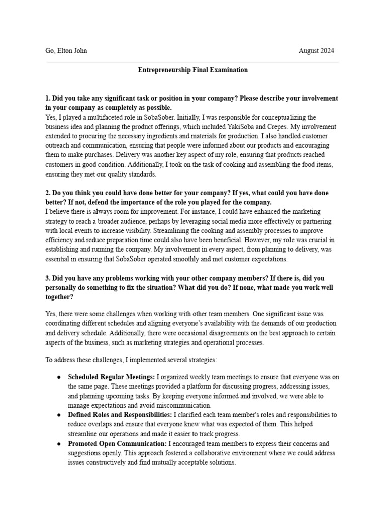 Entrepreneurship Final Examination | PDF