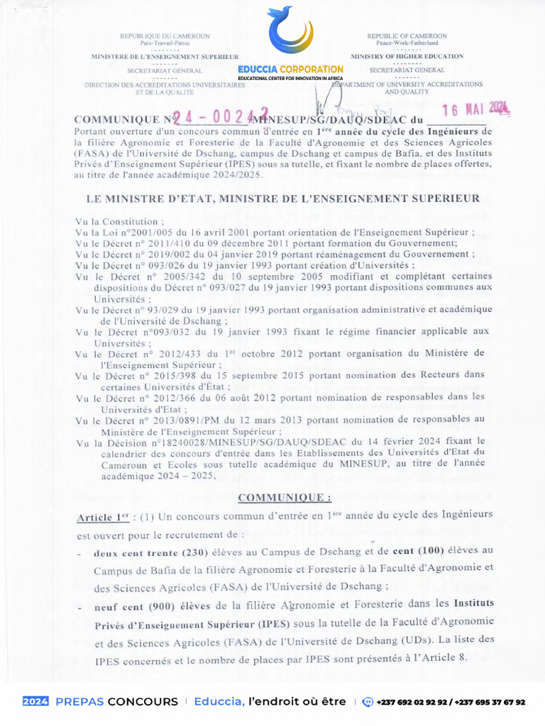 Concours-FASA UDs 2024 1ere-Annee Ingenieurs-Agronomes FR | PDF