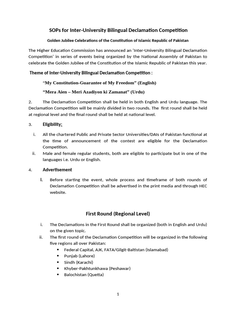 SOPs for Inter-University Bilingual Declamation Competition | PDF