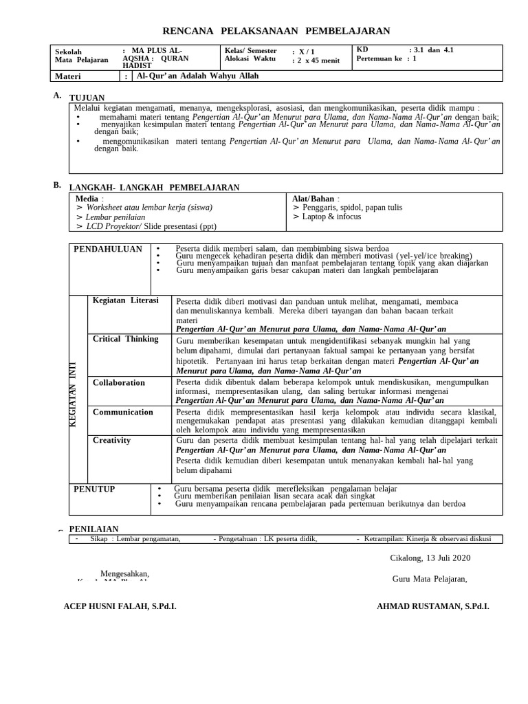 06 RPP 1 Lembar Qurdis Kelas 10 KD 01 | PDF