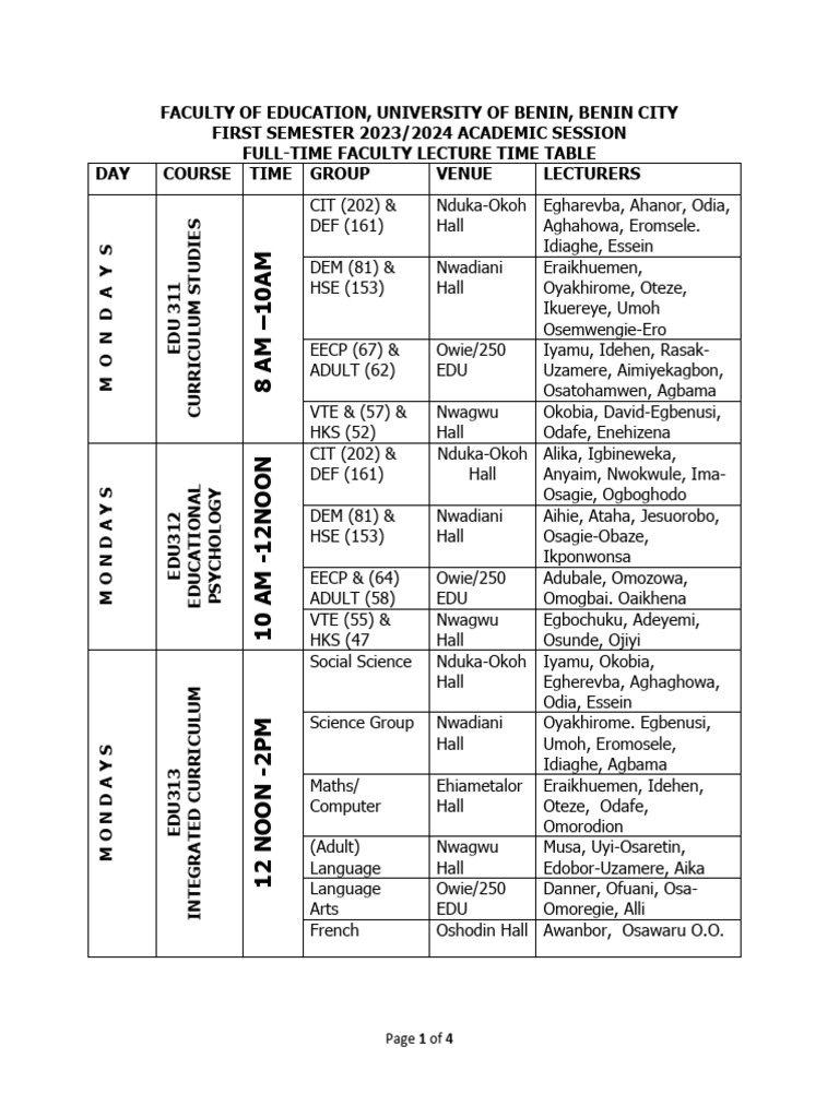 2024, FACULTY OF EDUCATION Lecture Time Table | PDF