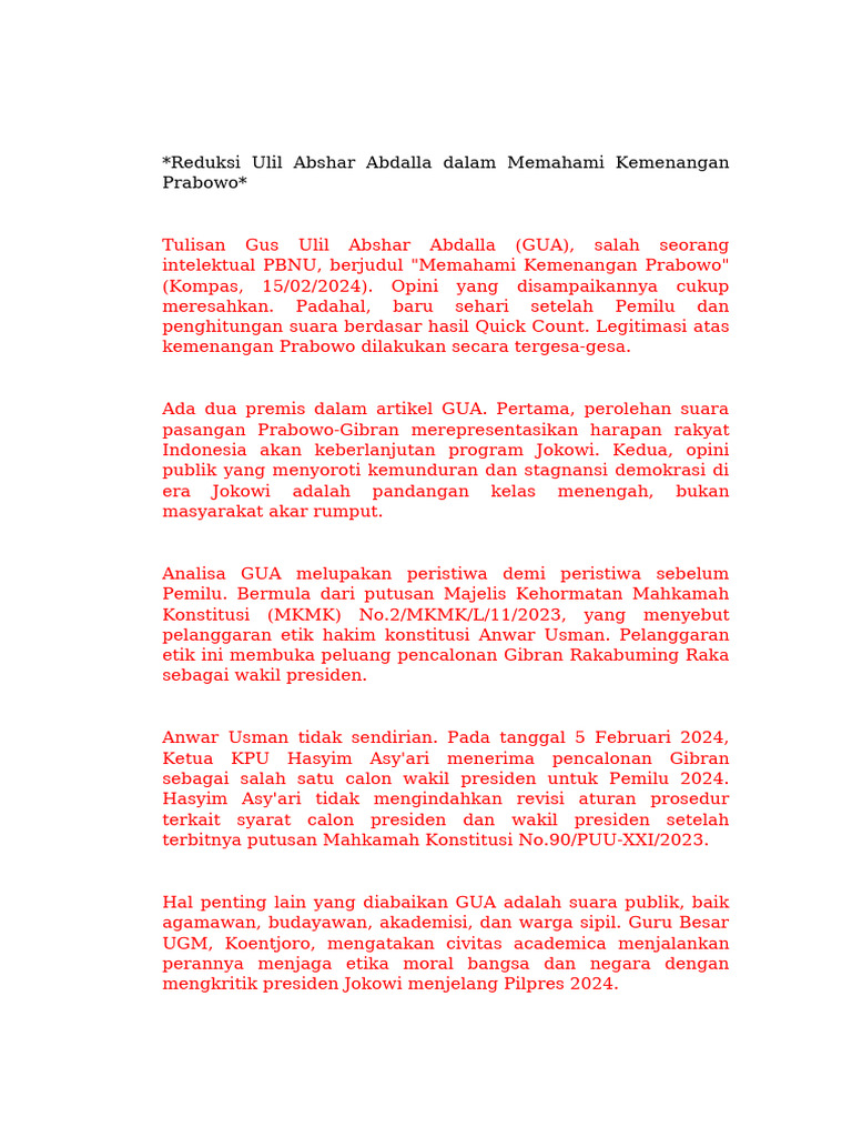 Reduksi Ulil Abshar Abdalla Dalam Memahami Kemenangan Prabowo | PDF ...