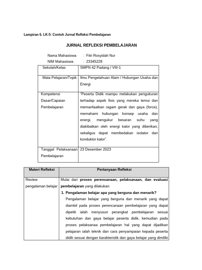Lampiran 6. LK-5 Contoh Jurnal Refleksi Pembelajaran Siklus 1 Fix | PDF