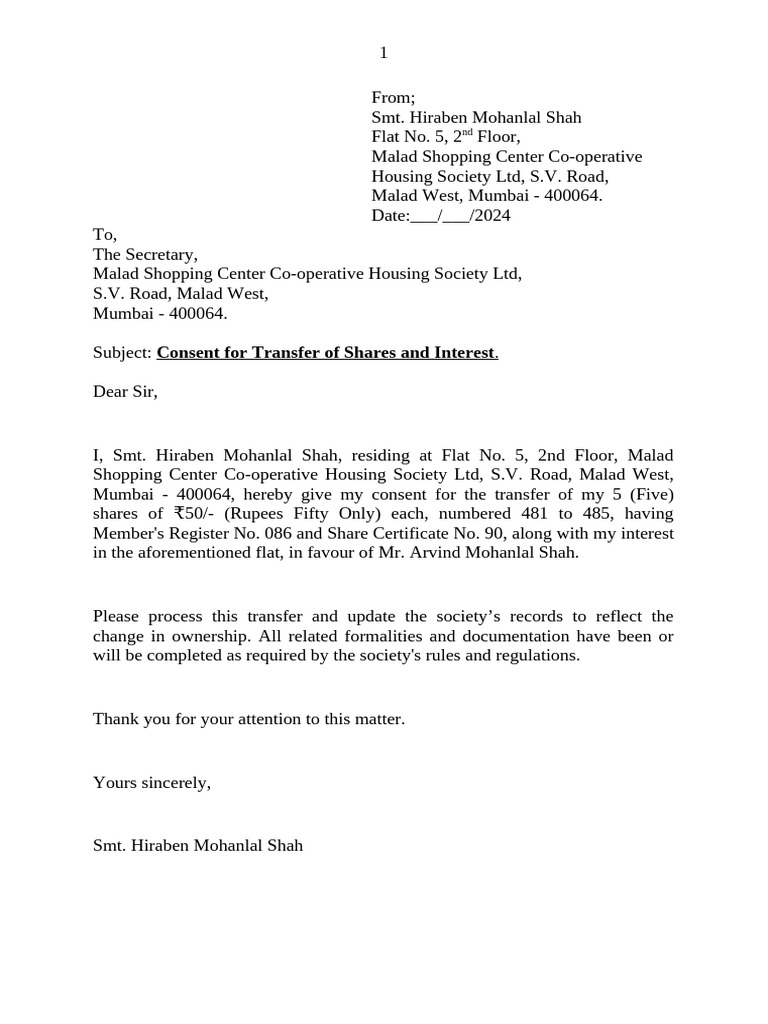 Consent Letter For Transfer of Society Shares - Format | PDF