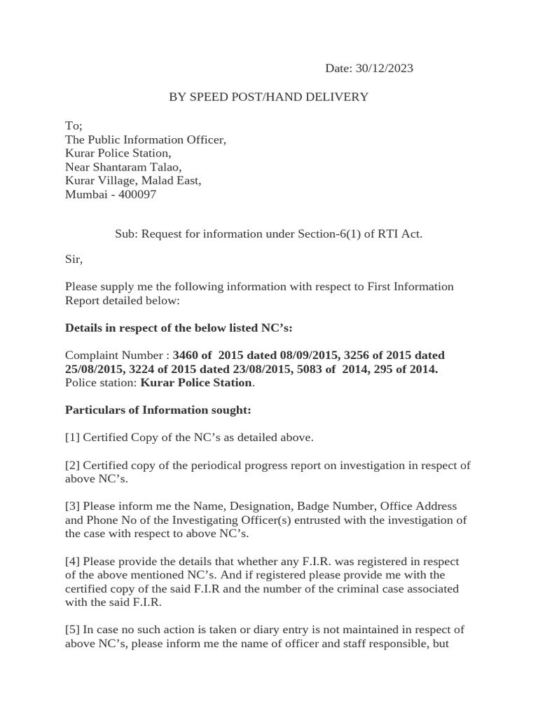 RTI Application - Sample | PDF
