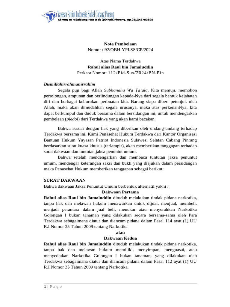 Pledoi Rahul Alias Raul Bin Jamaluddin | PDF