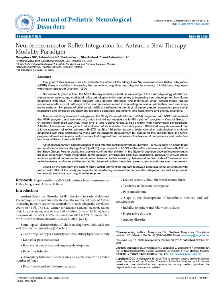 Neurosensorimotor Reflex Integration For Autism A New Therapymodality ...