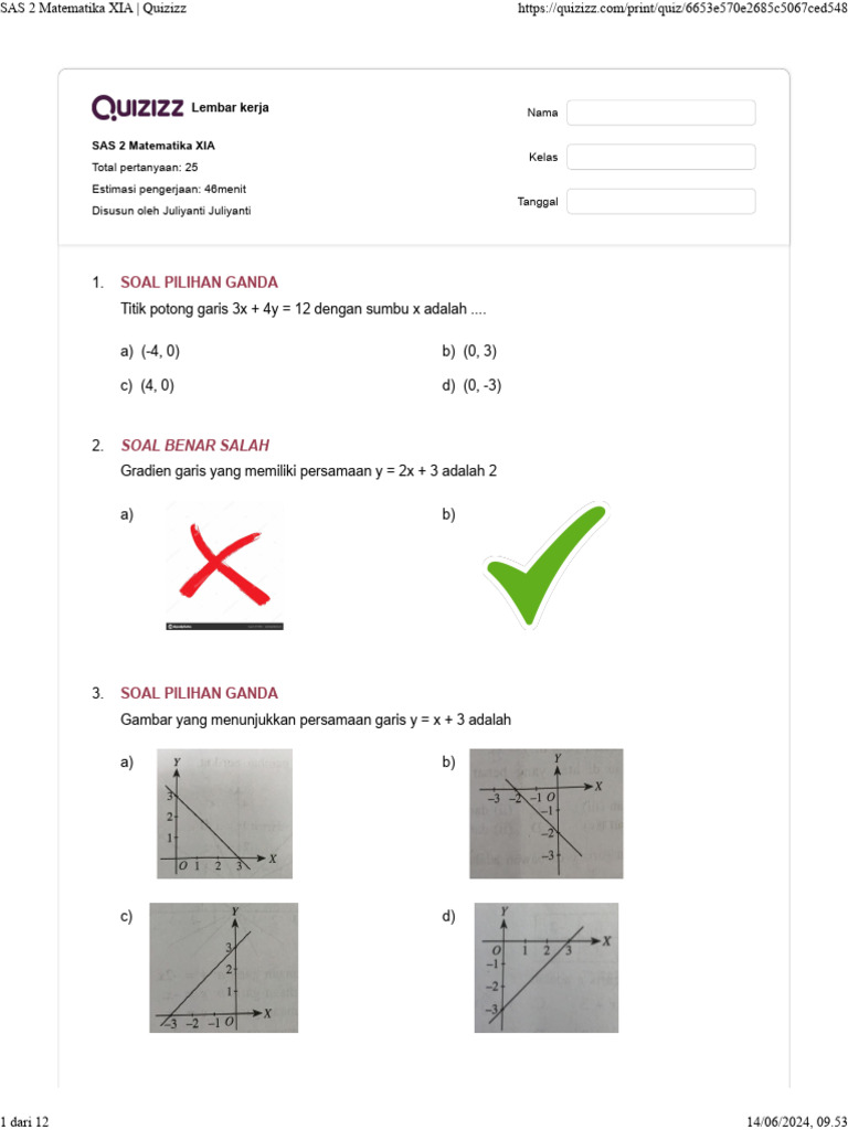 Soal SAT Sem 2 Matematika XI Quizizz | PDF