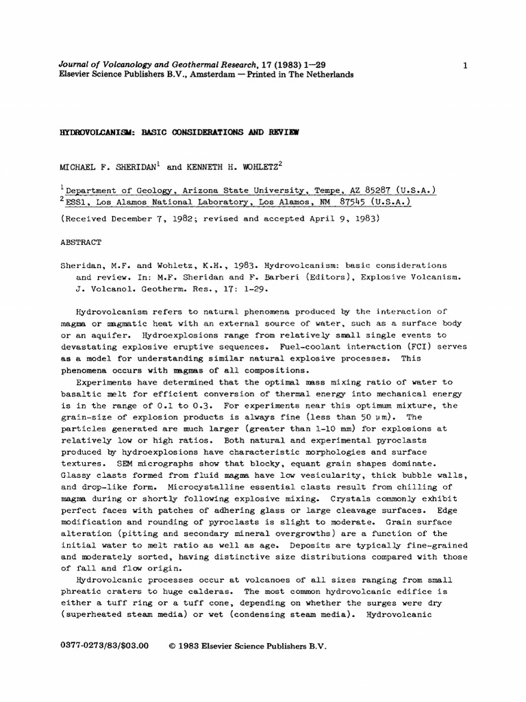 Sheridan 1983 Hydrovolcanism Basic Considerations and Review | PDF