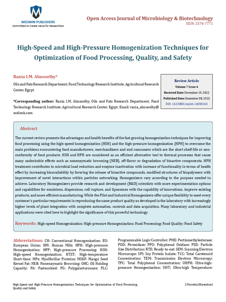 High Speed And High Pressure Homogenization Techniques For Optimization Of Food Processing