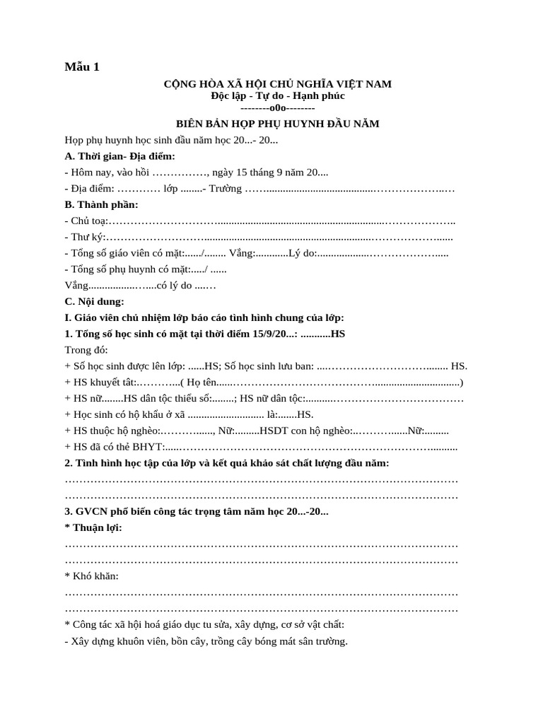 Mau Bien Ban Hop Phu Huynh Dau Nam Tieu Ho | PDF