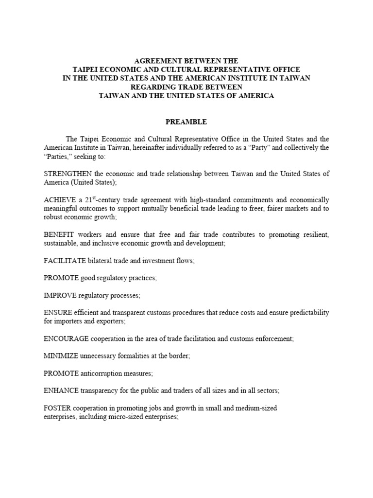 AGREEMENT BETWEEN TECRO and AIT Regarding Trade Between TAiwan and USA ...