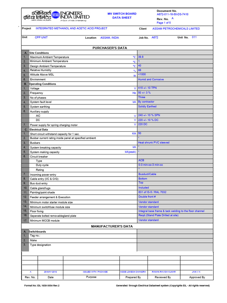 MV Switchboard Data Sheet | PDF