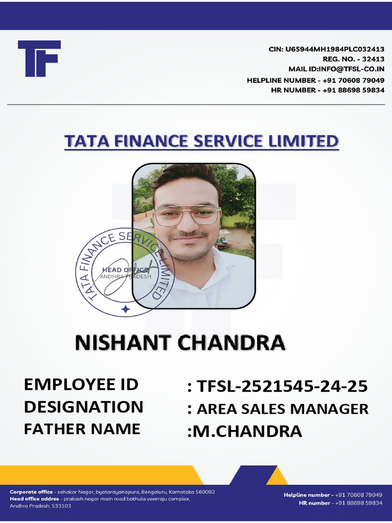 NISHANT CHANDRA TATA FINANCE SERVICE LIMITED TFSL EMPLOYEE ID CARD 2024 ... NISHANT CHANDRA TATA FINANCE SERVICE LIMITED TFSL EMPLOYEE ID CARD 2024 ...