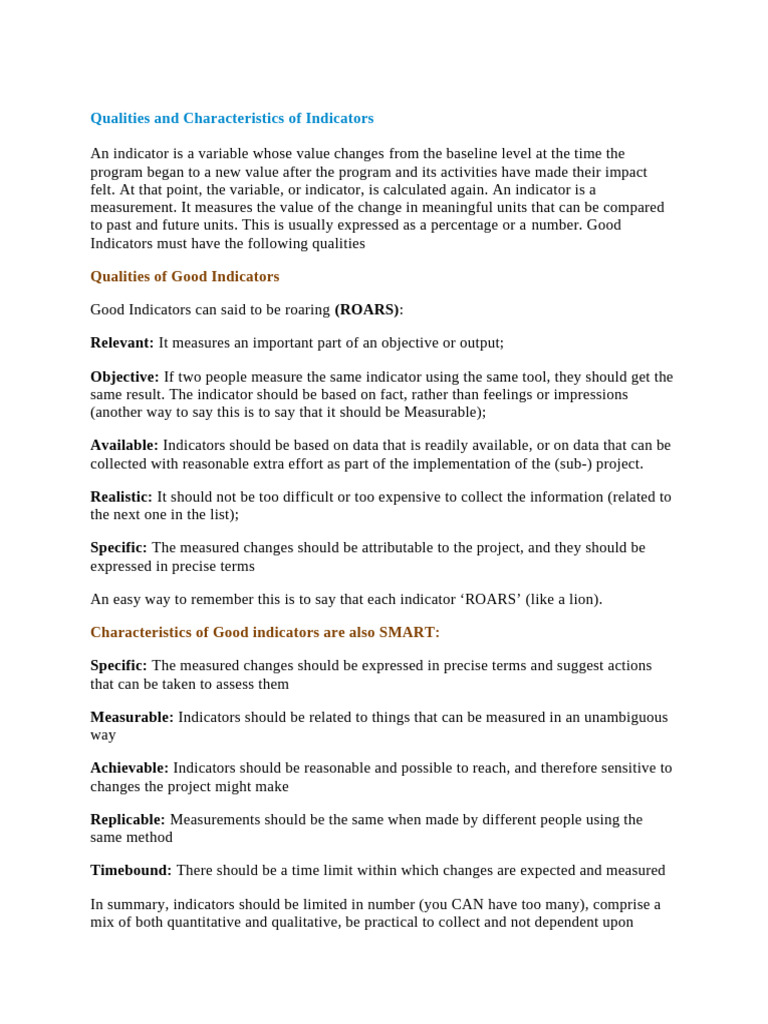 Qualities and Characteristics of Indicators, System | PDF