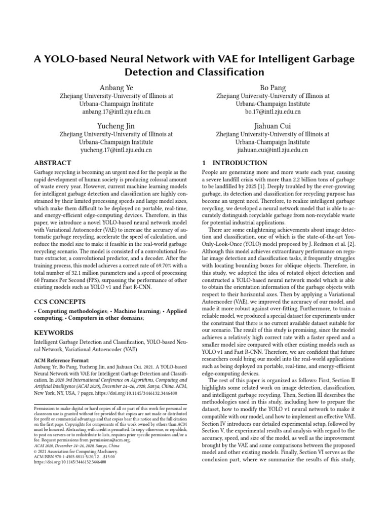 ACM March2021 A YOLO-based Neural Network With VAE For Intelligent Garbage | PDF | Artificial ...
