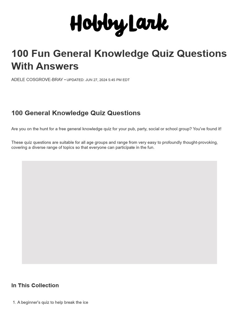 100 Fun General Knowledge Quiz Questions With Answers - HobbyLark | PDF
