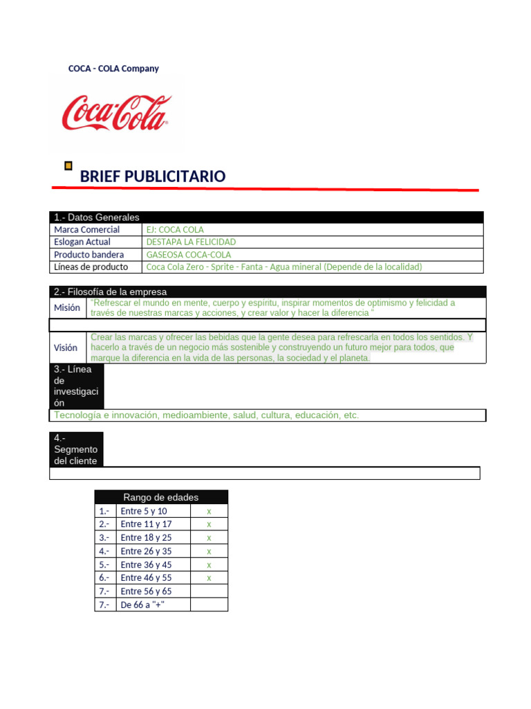 BRIEF Publicitario - Ejemplo Coca Cola | PDF