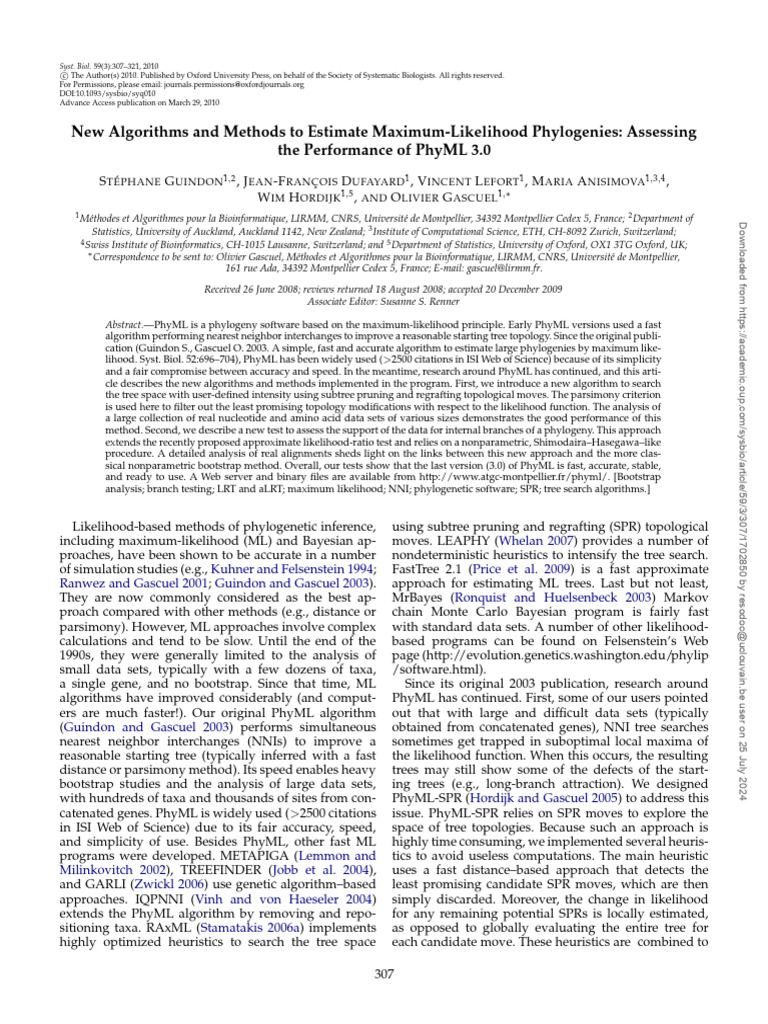 Guindon Et Al. - 2010 - New Algorithms and Methods To Estimate Maximum-Lik | PDF