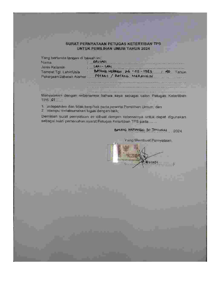 Surat Pernyataan Pam TPS | PDF