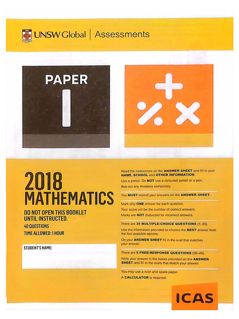 ICAS Paper I 2018 Mathematics | PDF