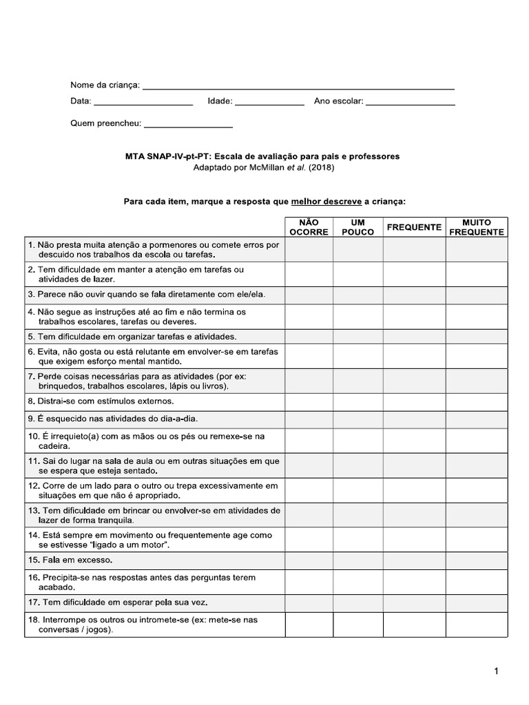 SNAP - IV - Pais e Professores | PDF