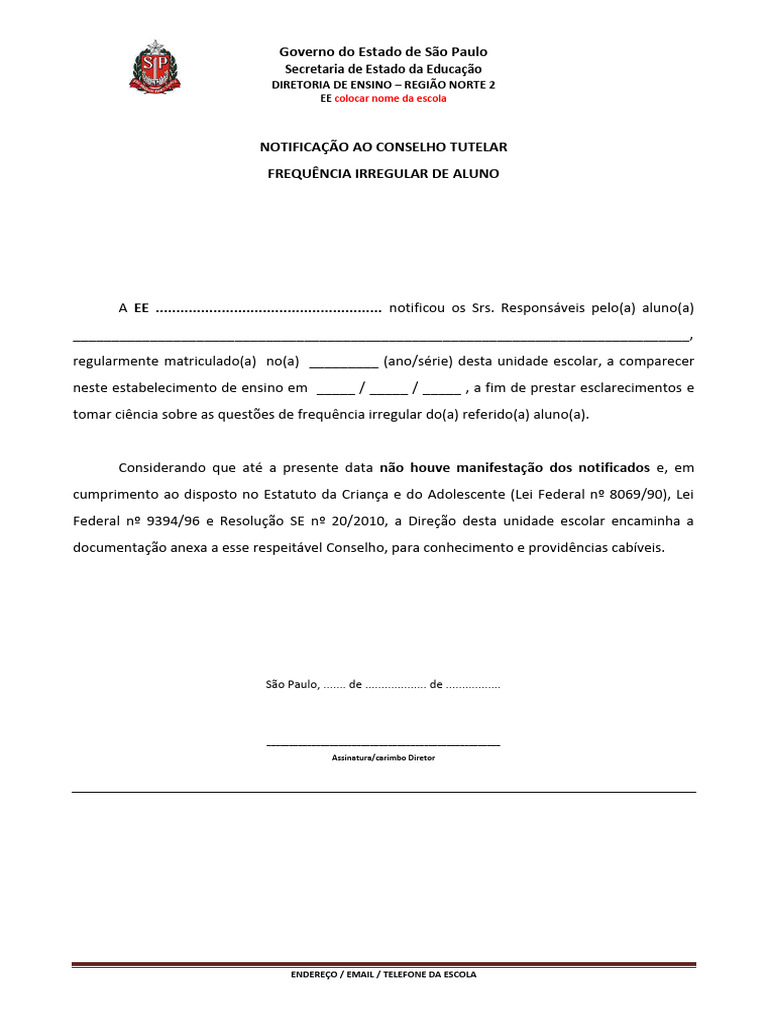 Notificacao Conselho Tutelar Frequencia Irregular | PDF