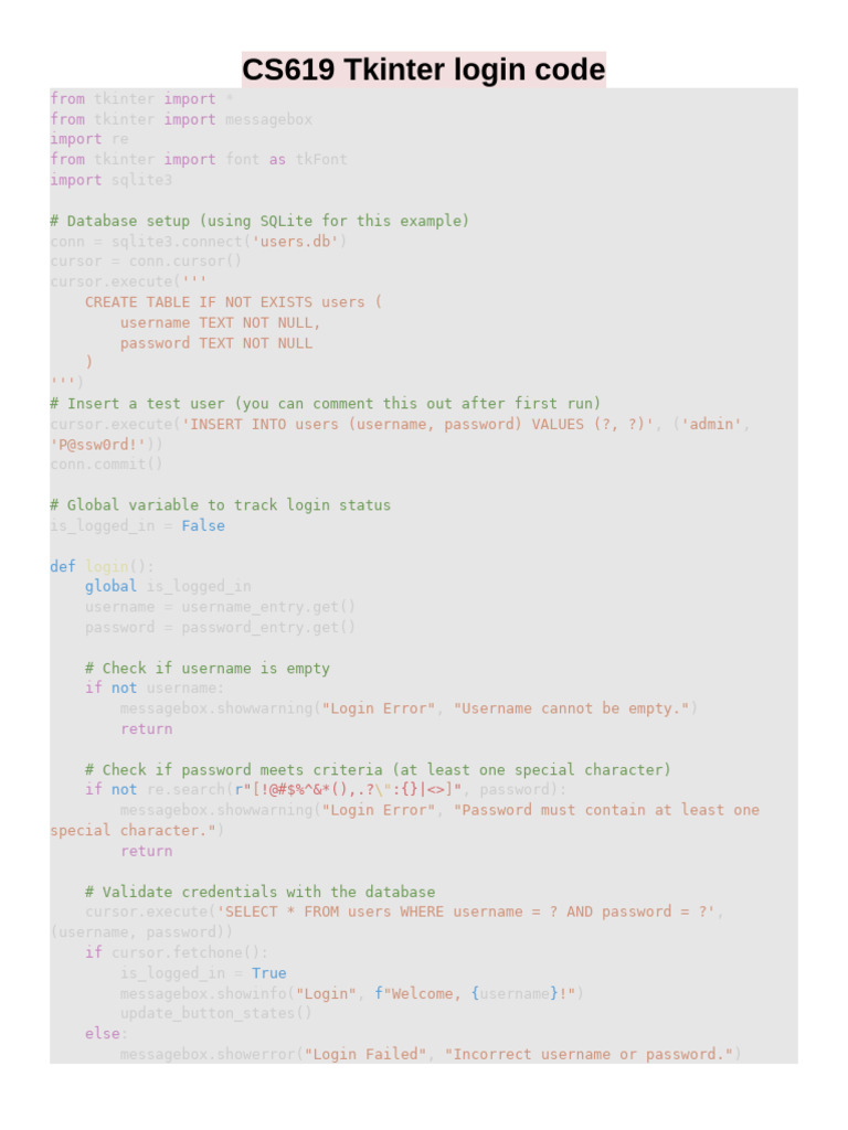 CS619 Tkinter Login Code | PDF
