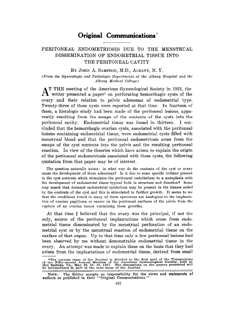 1 Sampson JA. Peritoneal Endometriosis Due To The Menstrual Dissemination of Endometrial Tissue ...