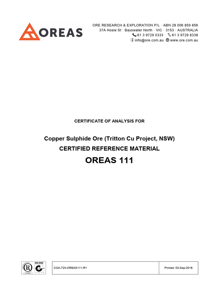 OREAS 111 Certificate | PDF