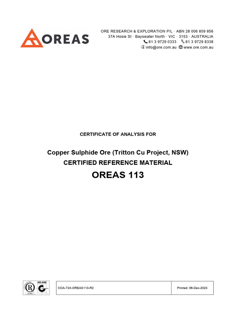 OREAS 113 Certificate | PDF