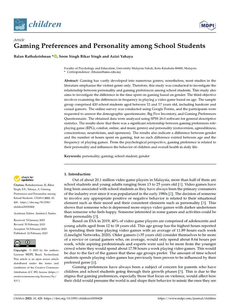 Gaming Preferences and Personality Among School Students | PDF