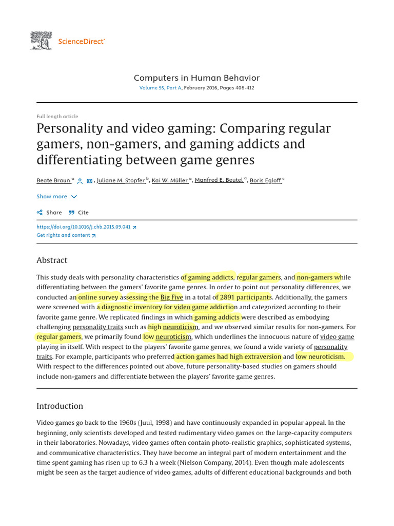 Personality and Video Gaming - Comparing Regular Gamers, Non-Gamers, and Gaming Addicts and ...