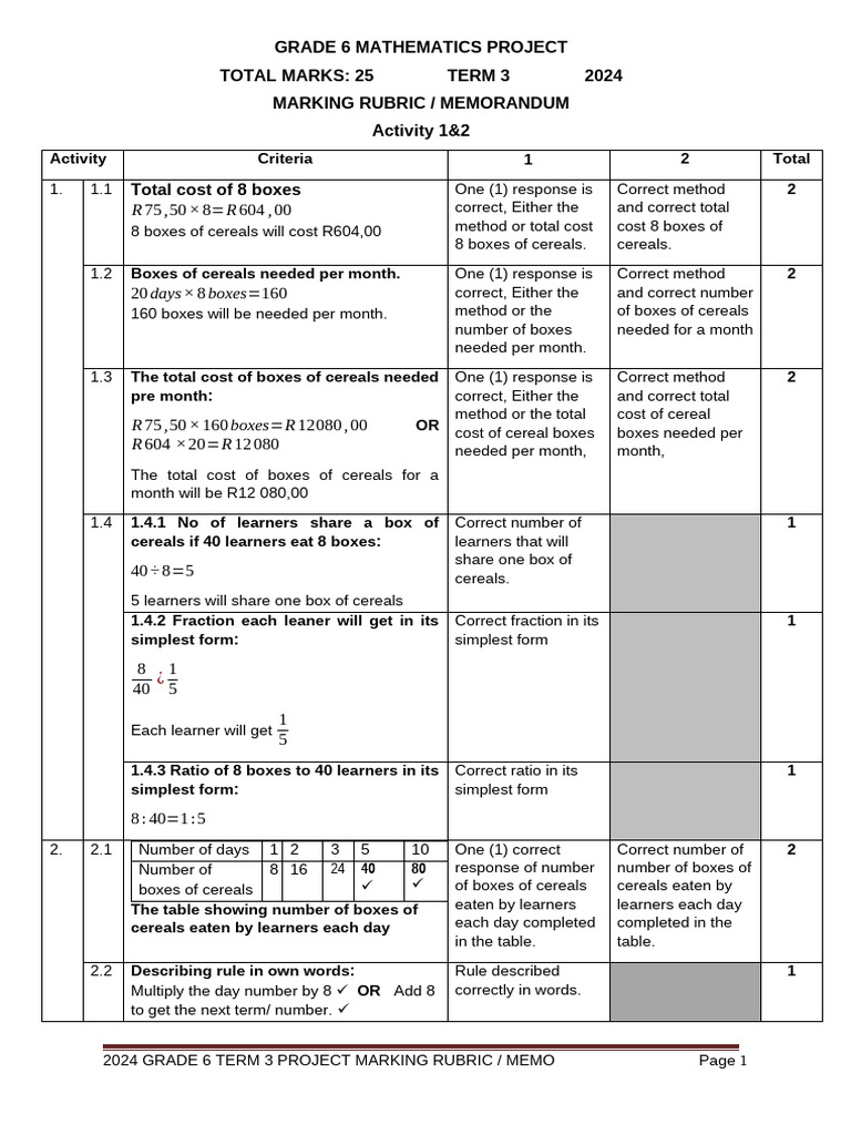 MARKING RUBRIC & MEMO GRADE 6 PROJECT TERM 3 2024_070012 | PDF