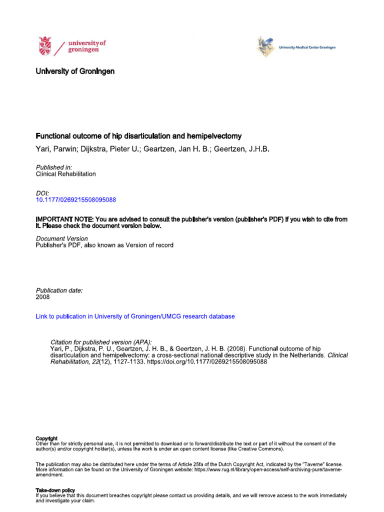 Functional Outcome of Hip Disarticulation and Hemipelvectomy | PDF