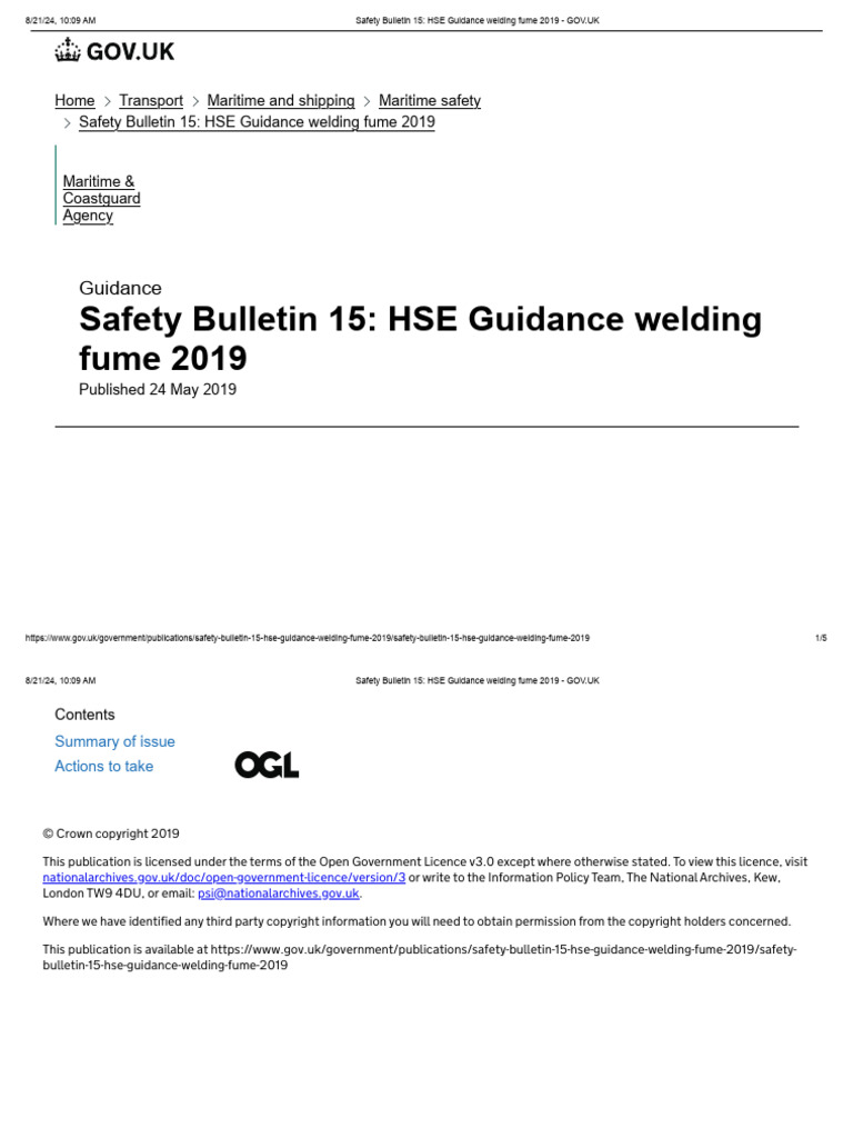 Safety Bulletin 15 - HSE Guidance Welding Fume 2019 - GOV - UK | PDF