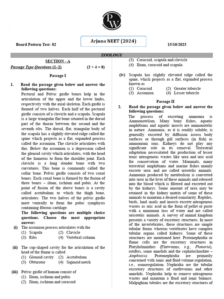 Board Pattern - 02 - Zoology Test Paper - Arjuna NEET 2024 | PDF Board Pattern - 02 - Zoology Test Paper - Arjuna NEET 2024 | PDF