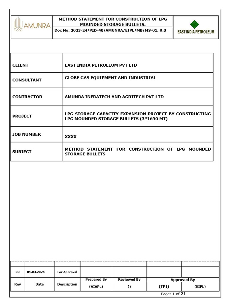 Method Statement For Construction of LPG Mounded Storage Bullets | PDF ...