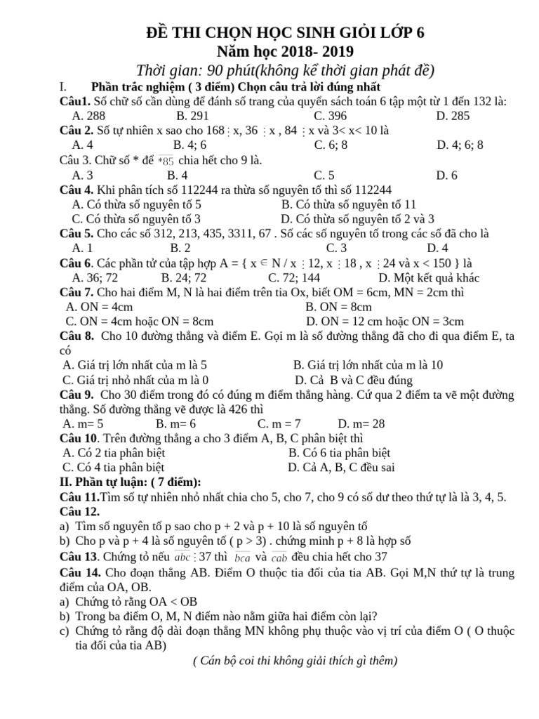 De Thi Chon Doi Tuyen Hoc Sinh Gioi Mon Toan Lop 6 2 | PDF