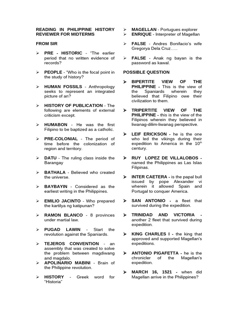 READING IN PHILIPPINE HISTORY REVIEWER FOR MIDTERM Chapter 1 8. Last Na | PDF