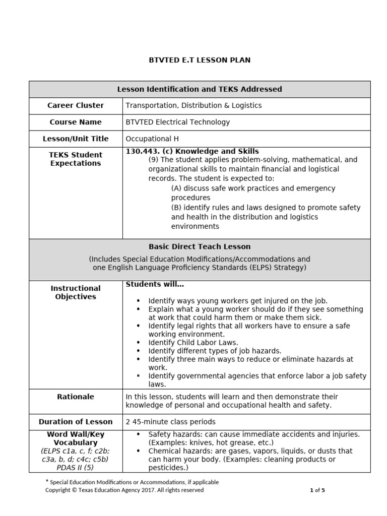 Lesson Plan Personal & Occupational Safety | PDF