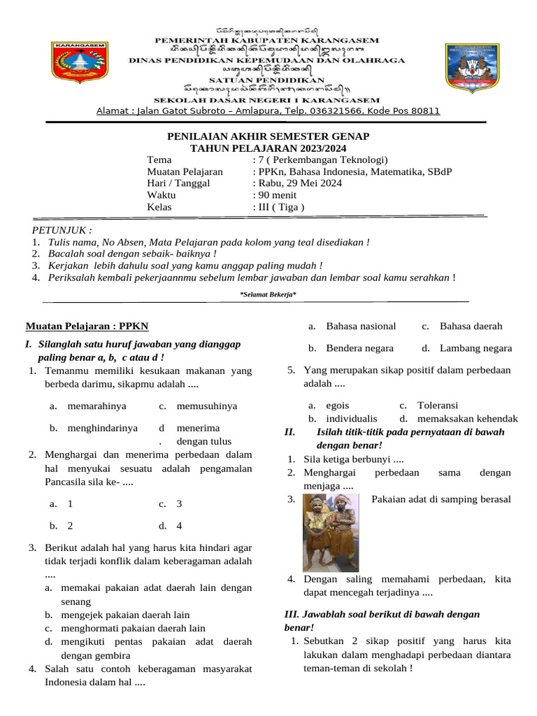 Soal Pas Kelas 3 Tema 7 2023-2024 | PDF