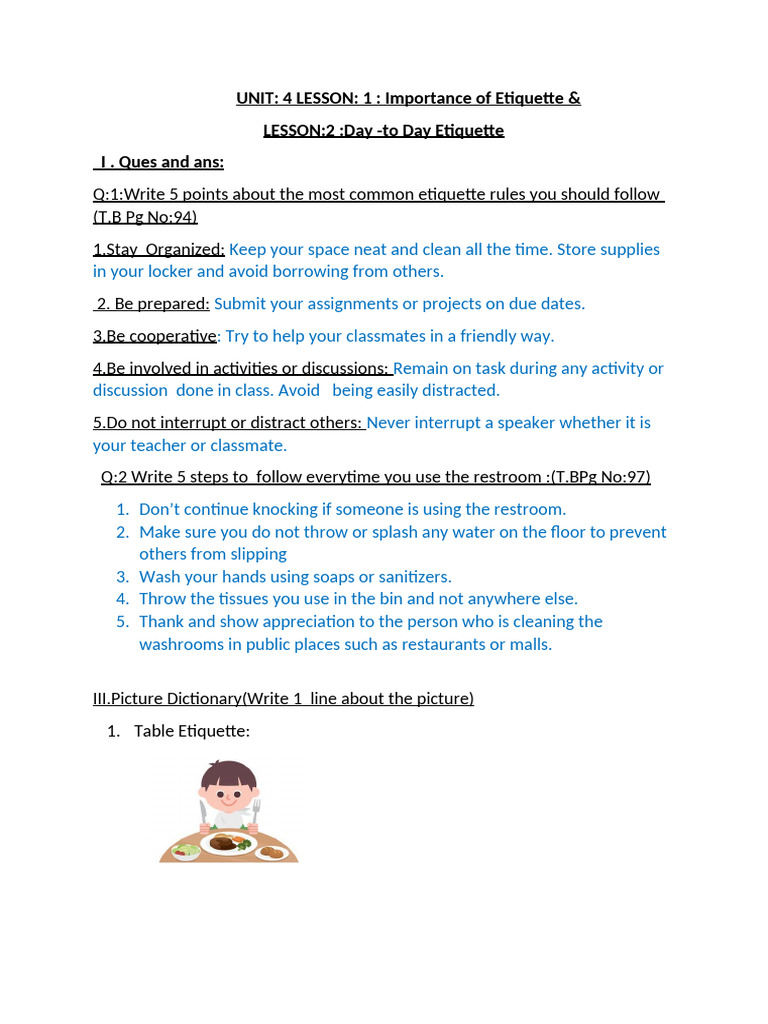 UNIT 4 Lesson 1 Importance of Etiquette & Lesson 2 Day - To - Day ...