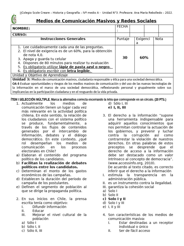 Prueba Medios de Comunicación y Redes Sociales | PDF