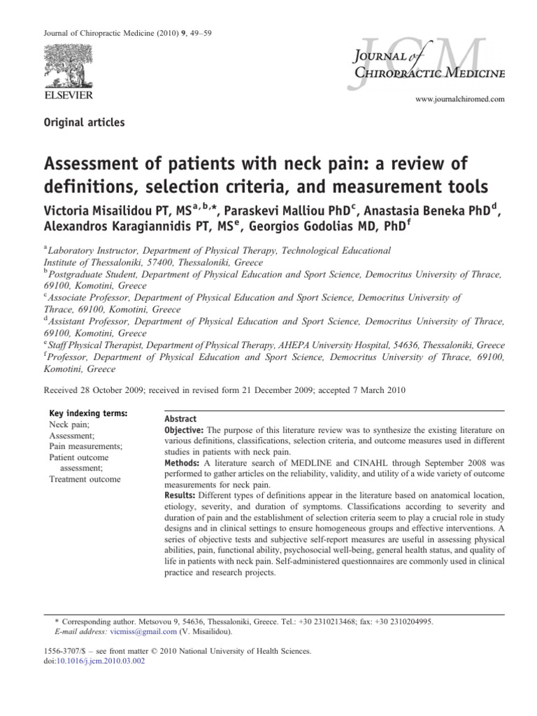 Assessment of Patients With Neck Pain: A Review of Definitions ...