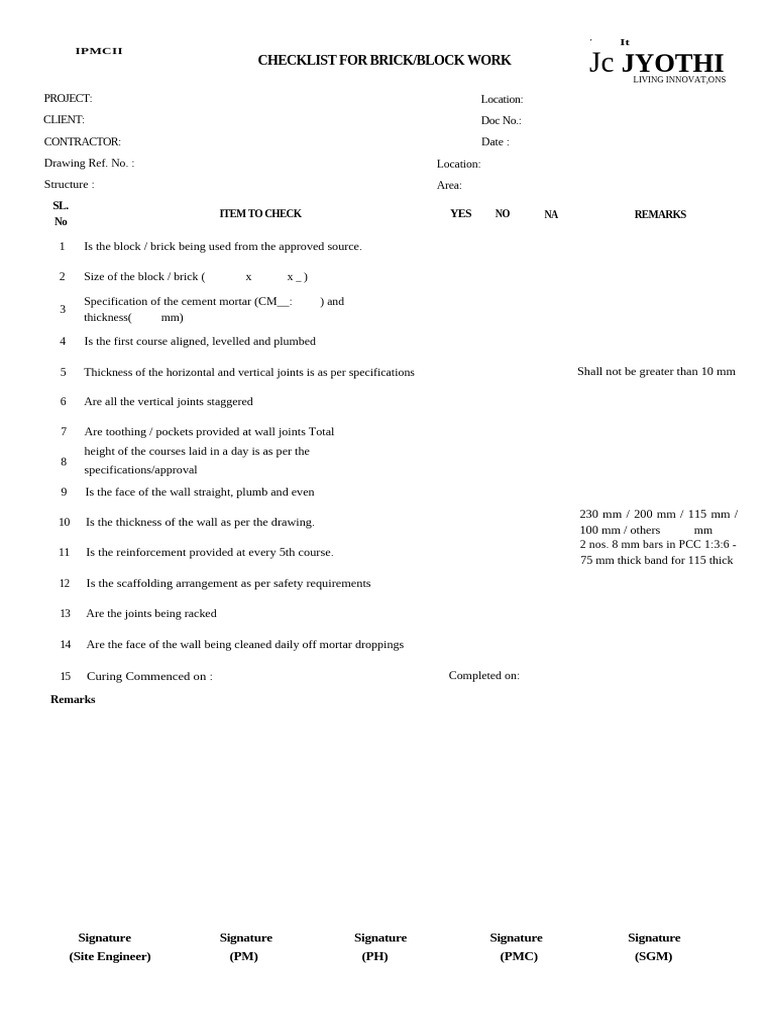 Checklist For Brick, Block Work | PDF
