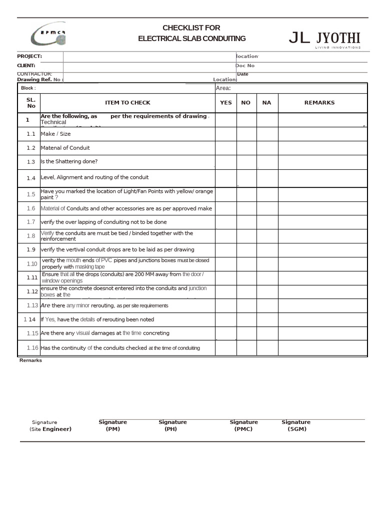 Checklist For Electrical Slab Conduiting | PDF